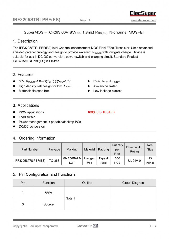 IRF3205STRLPBF(ES) datasheet page 1