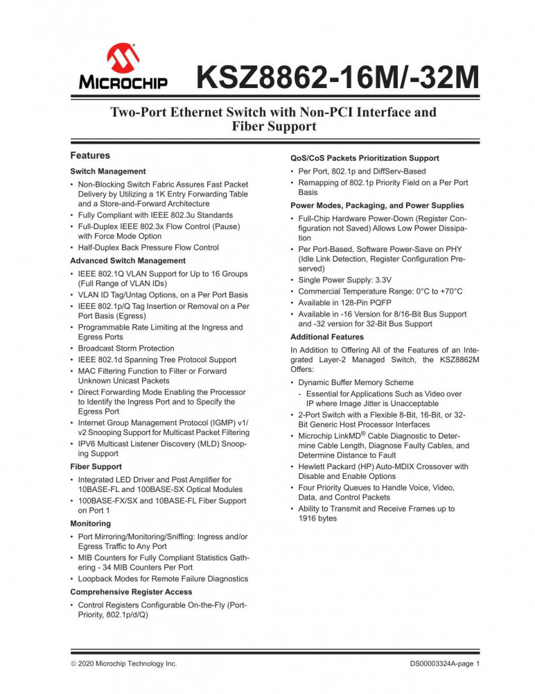 KSZ8862 datasheet page 1