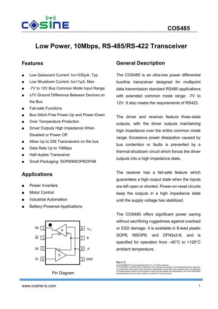 COS485RS datasheet page 1