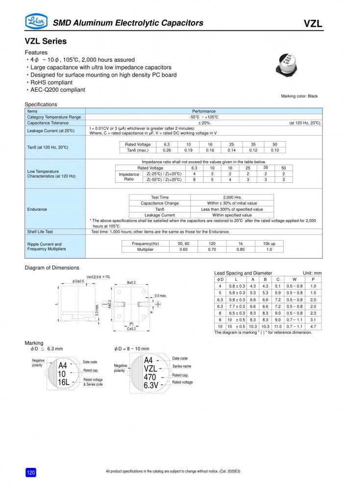 Lelon VZL series datasheet page 1