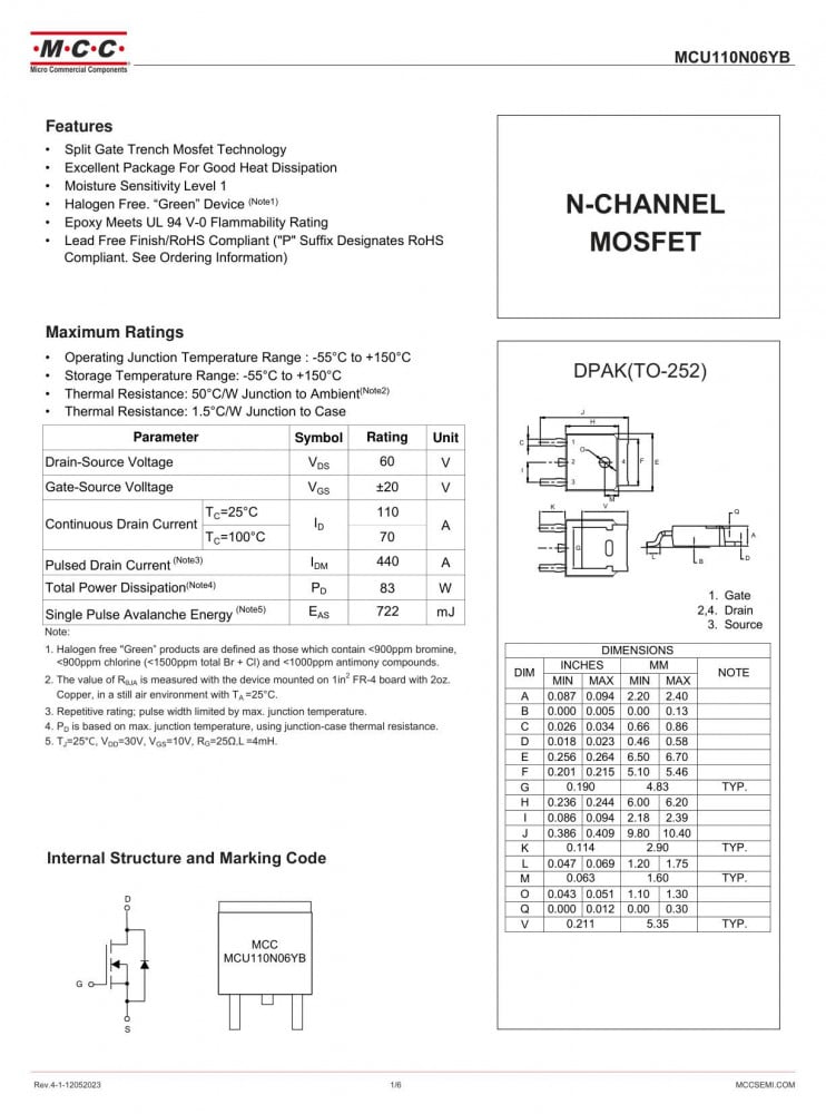 MCU110N06YB-TP datasheet page 1