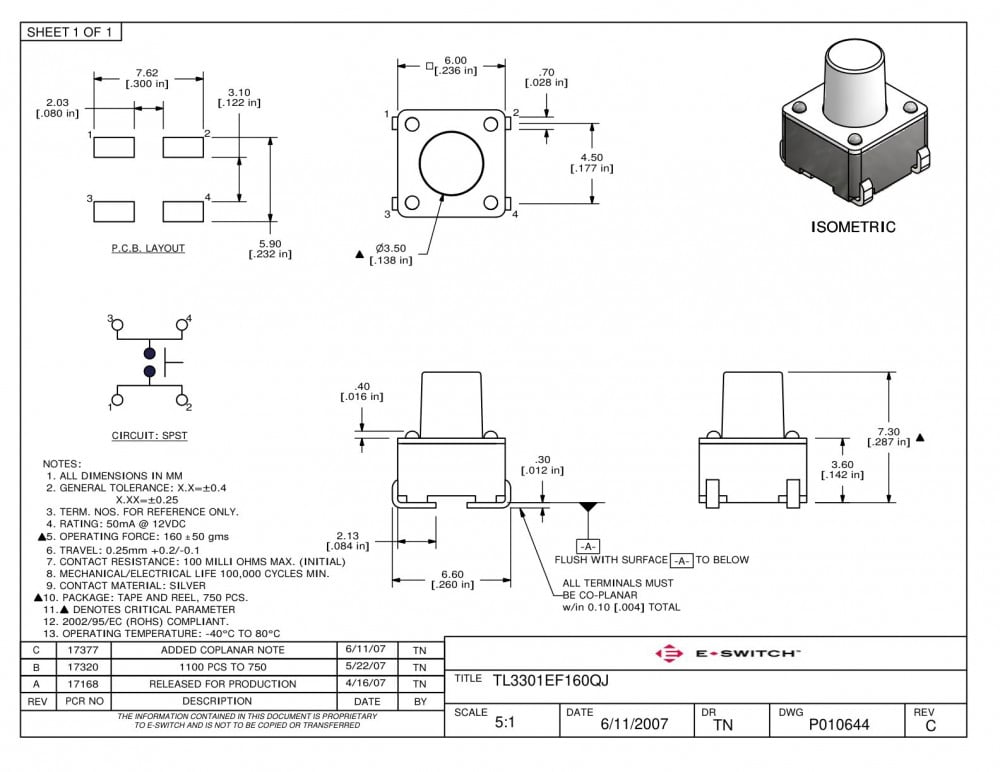 E-Switch TL3301EF160QJ technical drawing