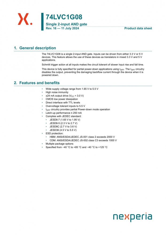 74LVC1G08GW,125 datasheet page 1