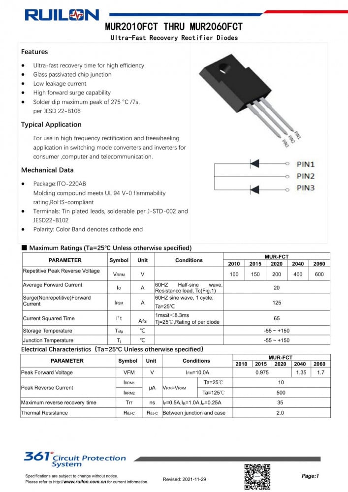 MUR2020FCT datasheet page 1