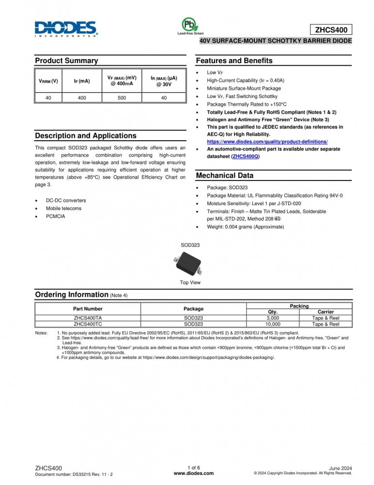 ZHCS400TA datasheet page 1