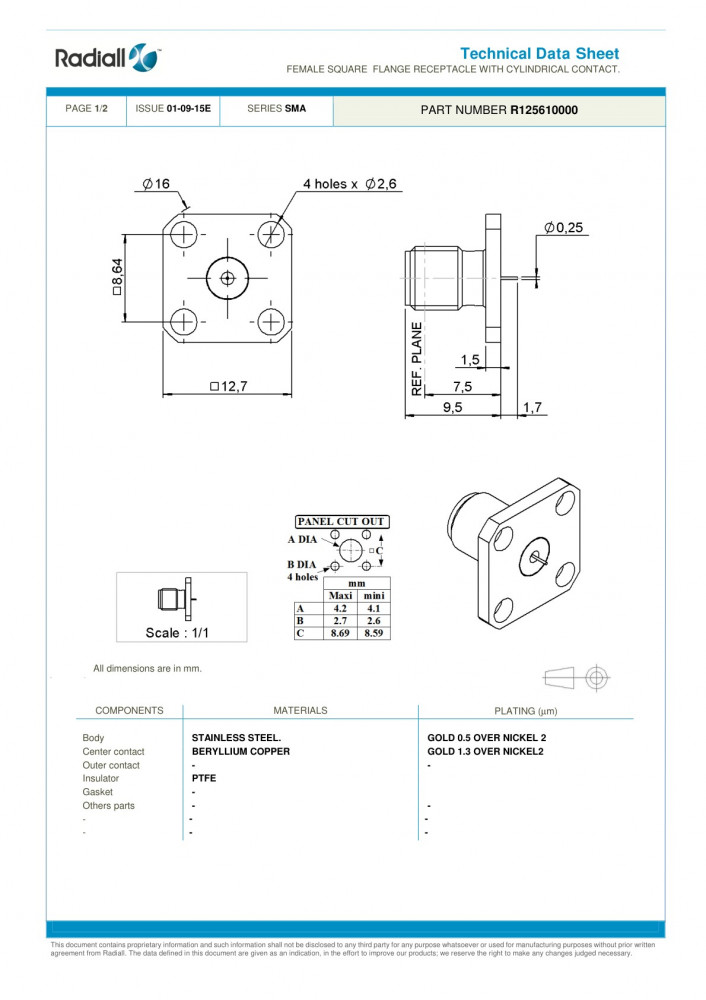 Radiall R125610000 SMA connector datasheet, page 1