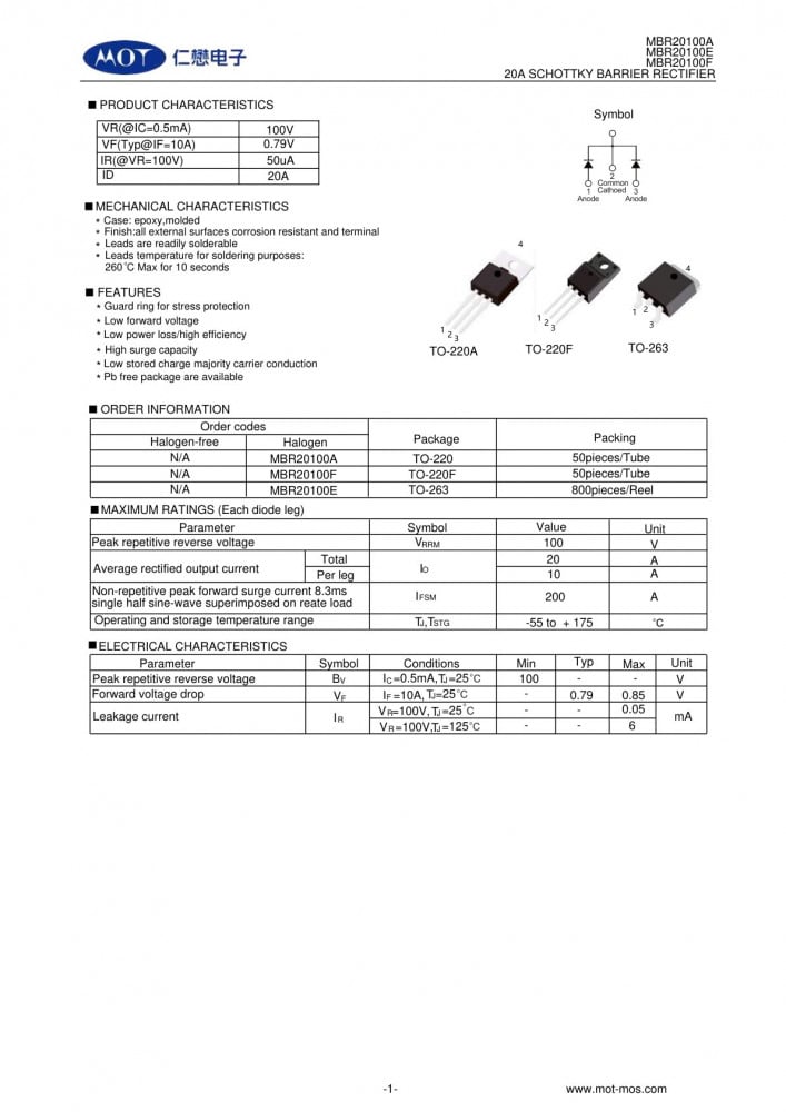 MBR20100F datasheet page 1