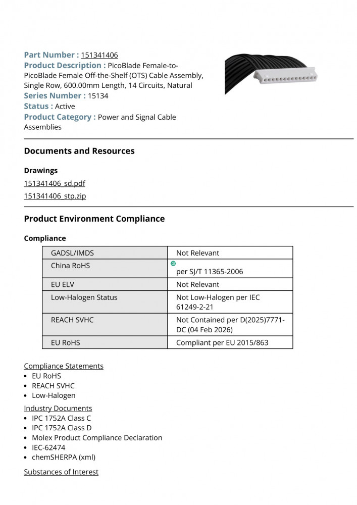 MOLEX 151341406 technical document image, page 1