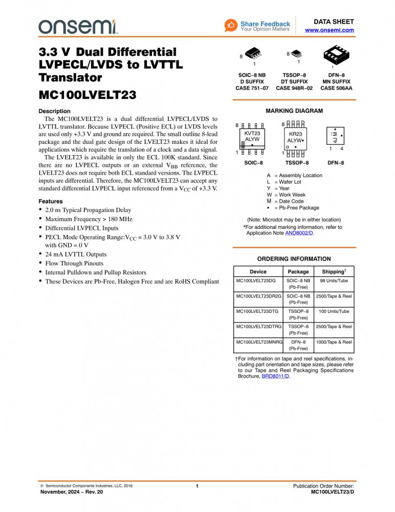 MC100LVELT23 datasheet page 1