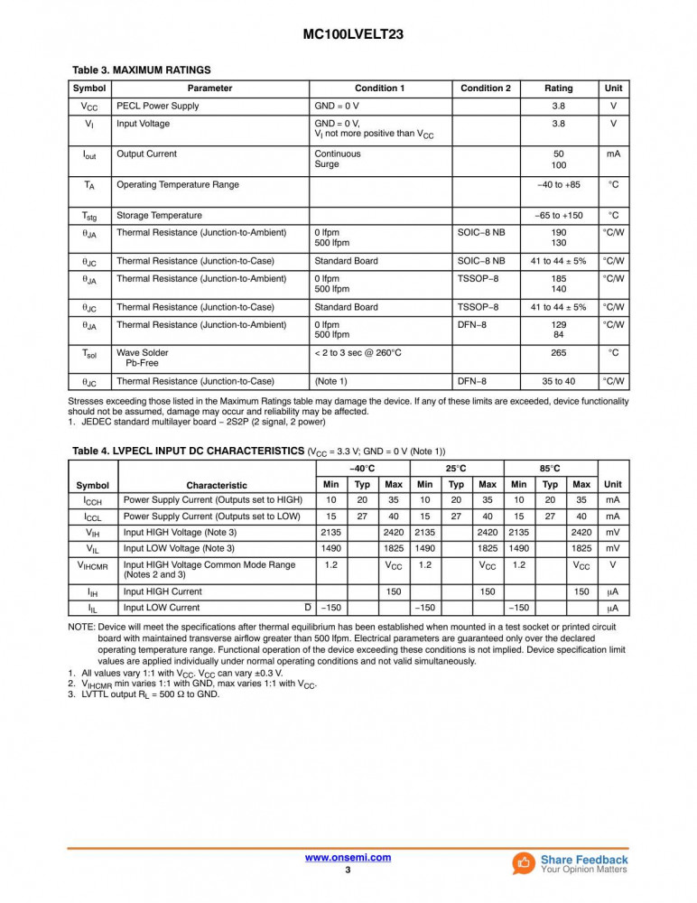MC100LVELT23 datasheet page 3