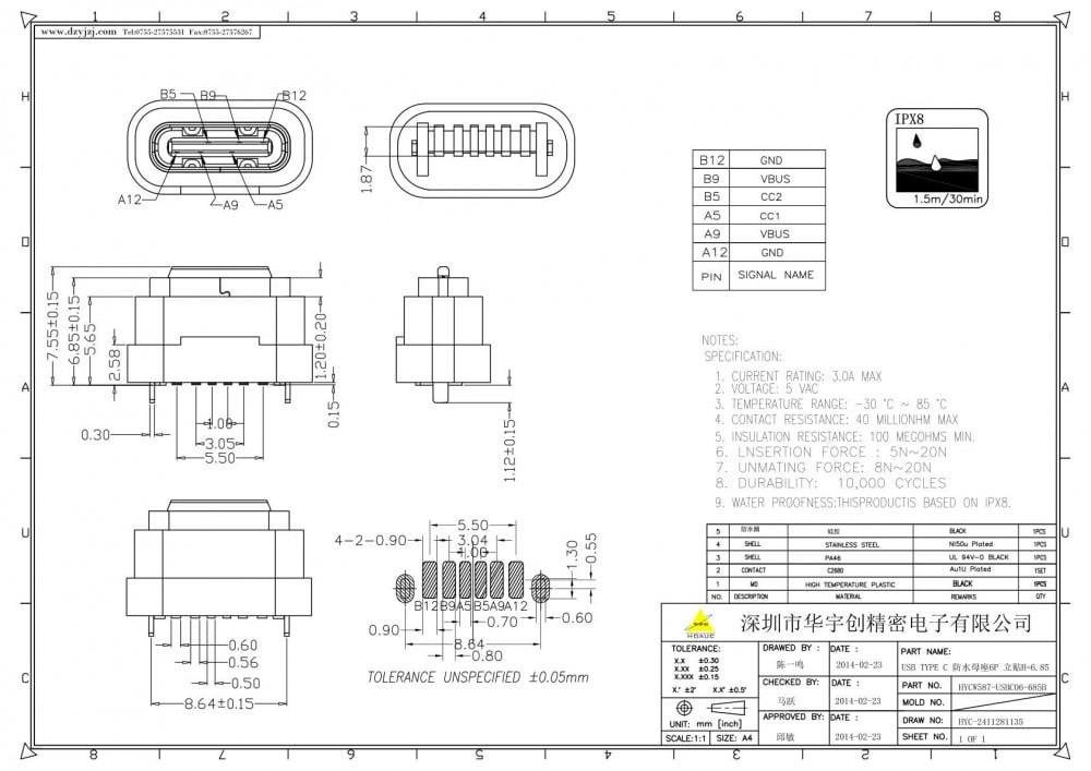 HOAUC HYCW587-USBC06-685B technical drawing page 1