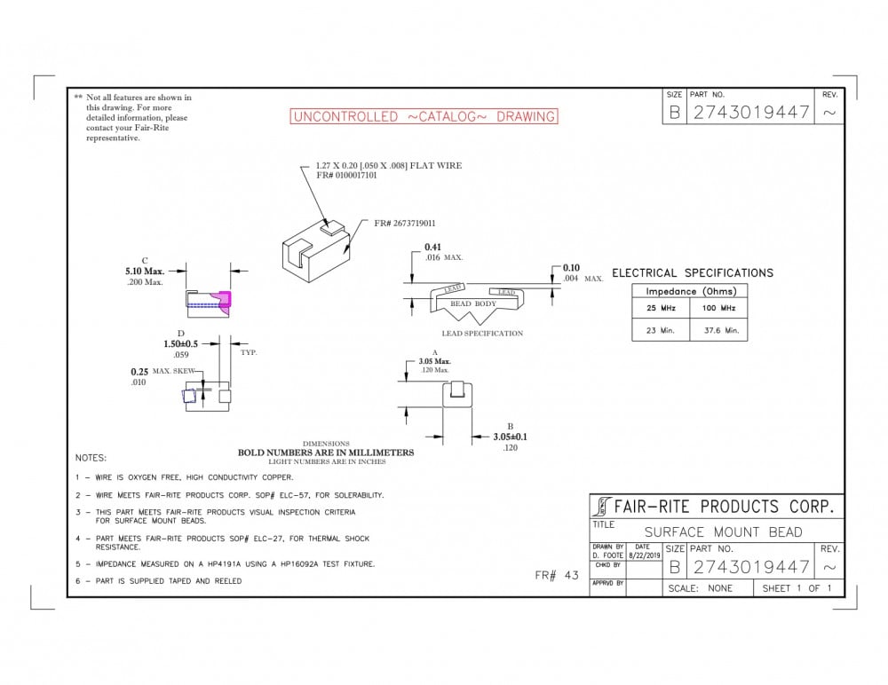 Fair-Rite 2743019447 surface mount bead drawing
