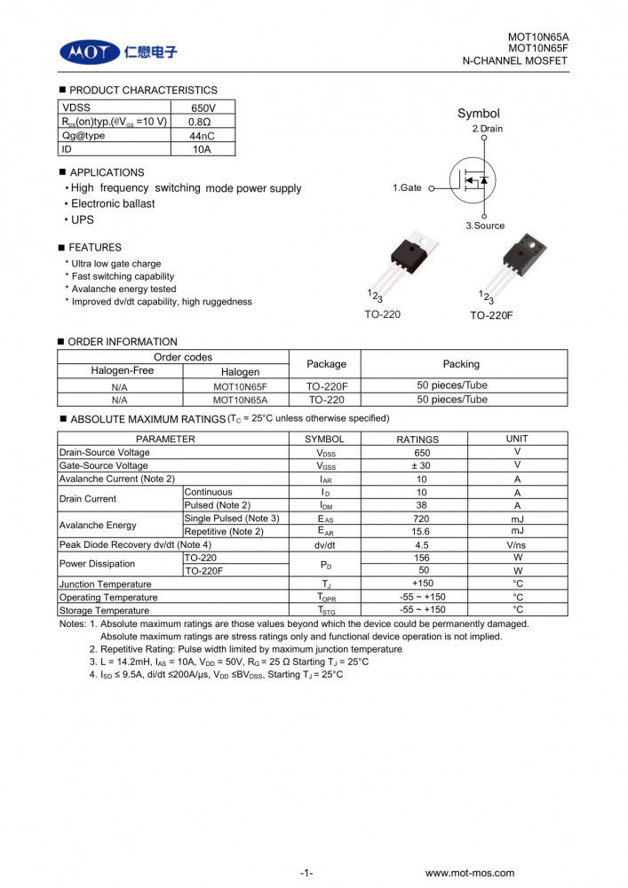 MOT10N65F datasheet page 1