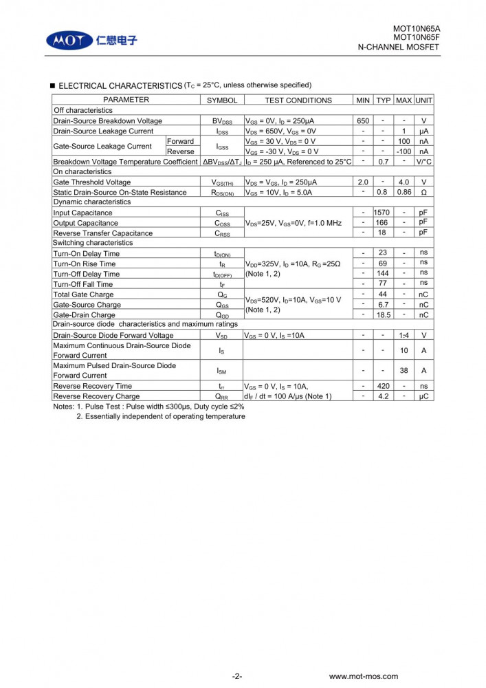 MOT10N65F datasheet page 2