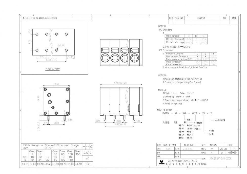 MX205V-5.0-18P-GN01-Cu-A technical drawing and specification page