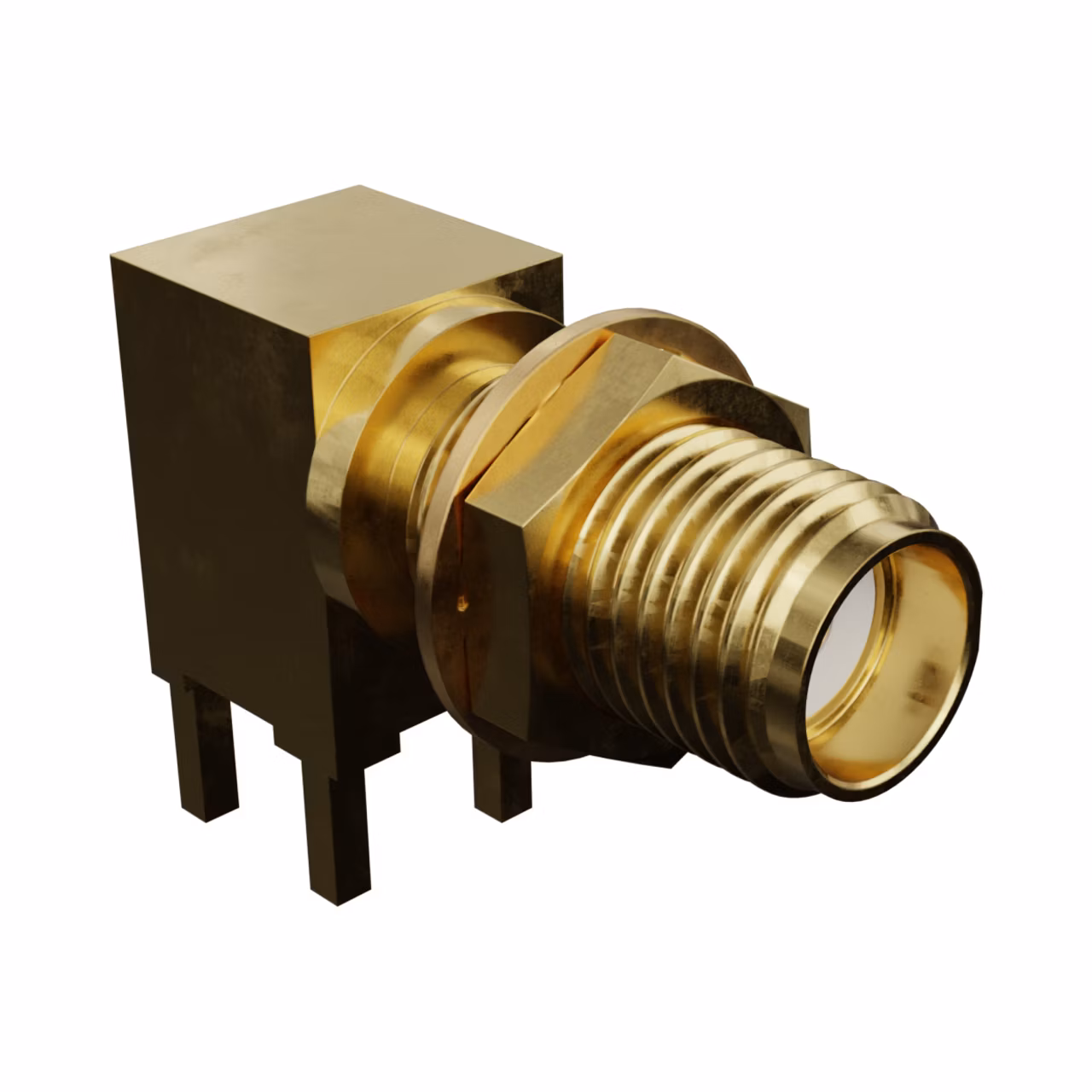 SMA Jack, Right-Angle, Bulkhead Receptacle, PCB, Through Hole, Brass Body, Gold (Au) Plated, Jam Nut and Lockwasher Included, 3.94mm Leg Length, 50 Pieces Per Tray, 50 Ohms for sale