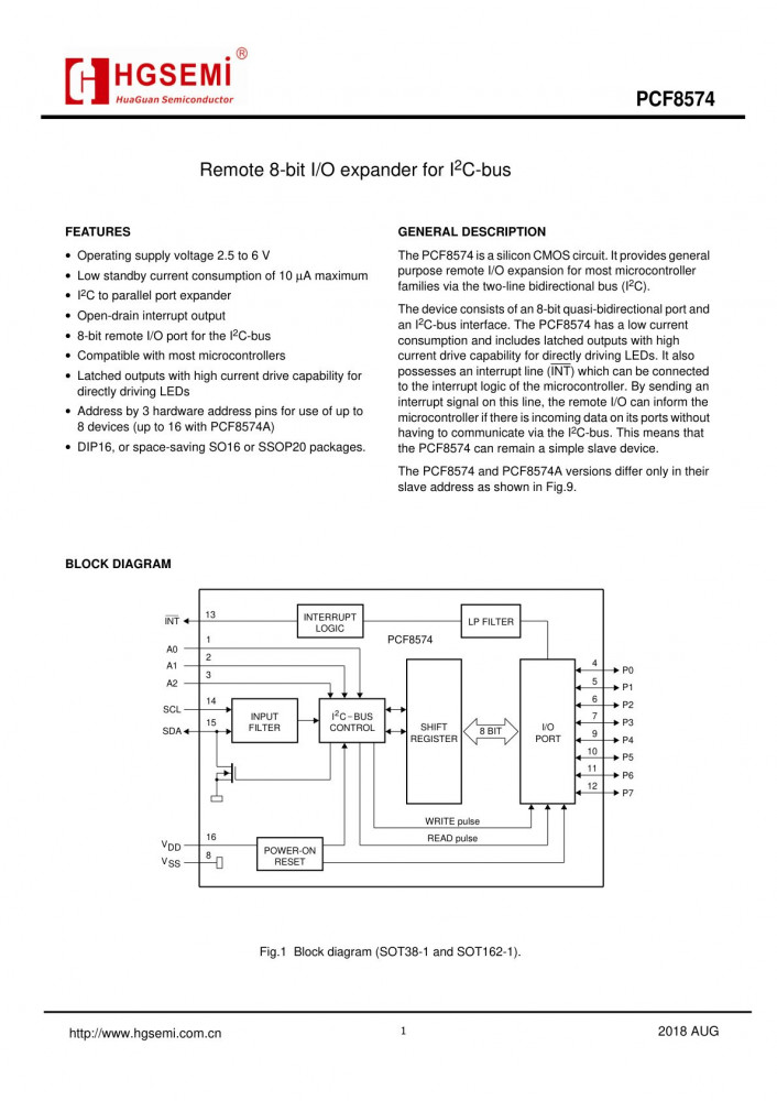 PCF8574T technical document page 1