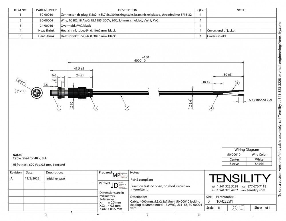 Tensility International 10-05231 cable assembly drawing