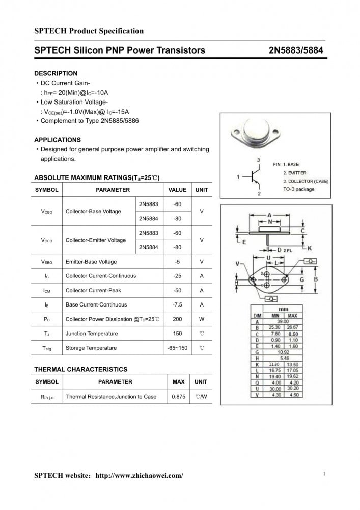 SPTECH 2N5884 datasheet page 1