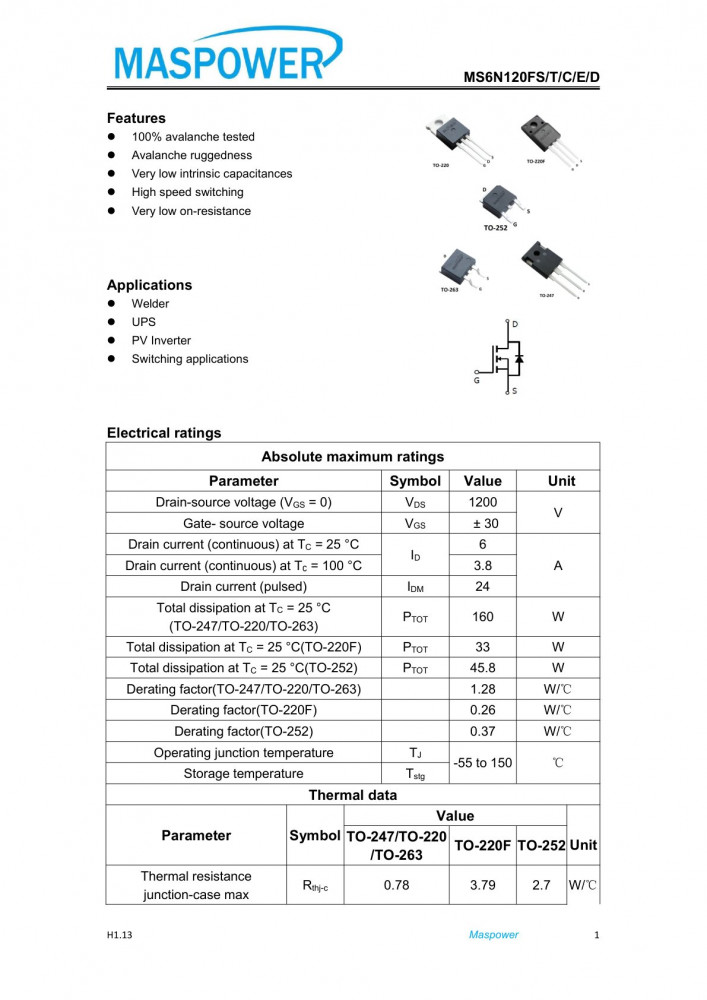 MS6N120FT datasheet page 1