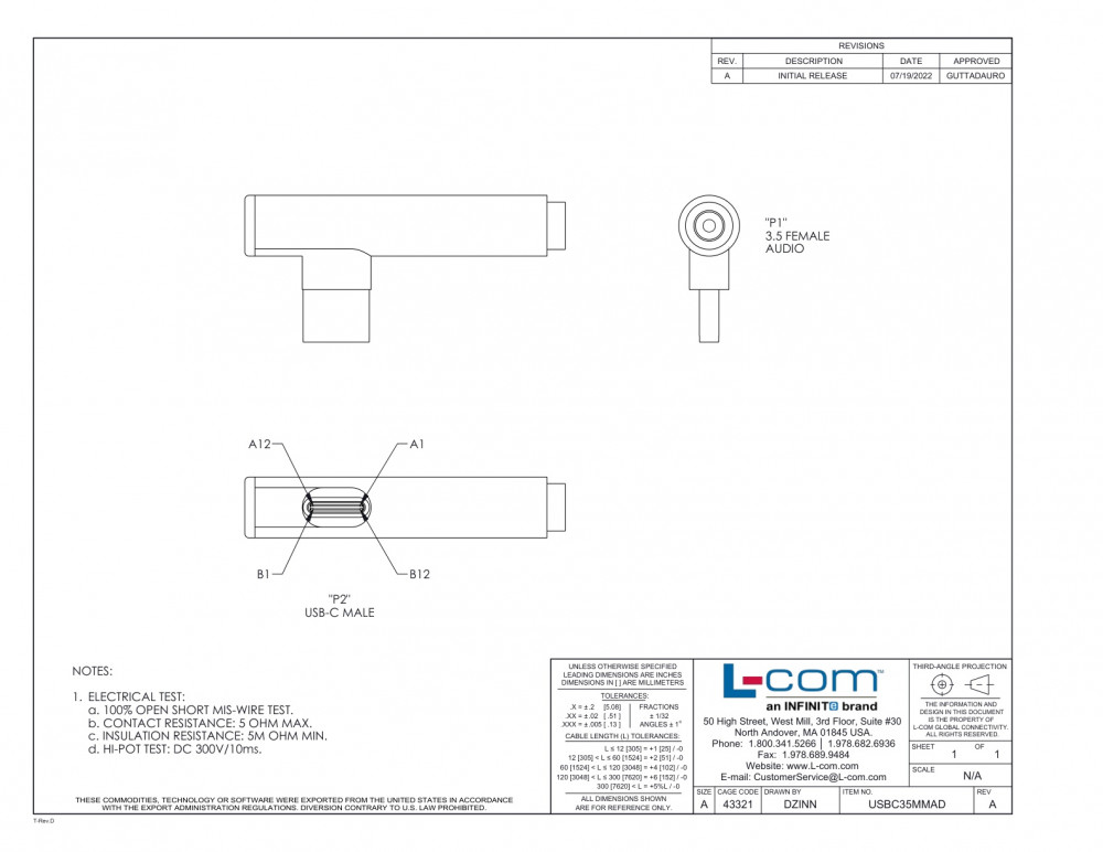 L-com USBC35MMAD technical drawing preview