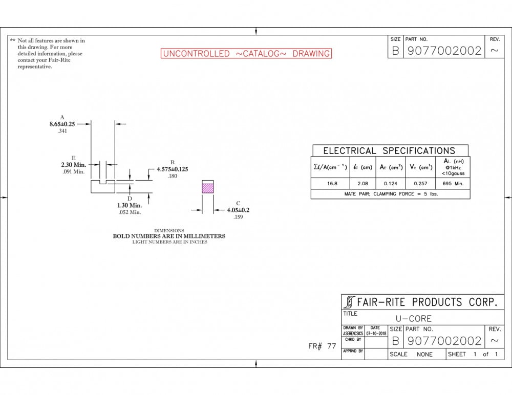 Fair-Rite 9077002002 U-Core drawing