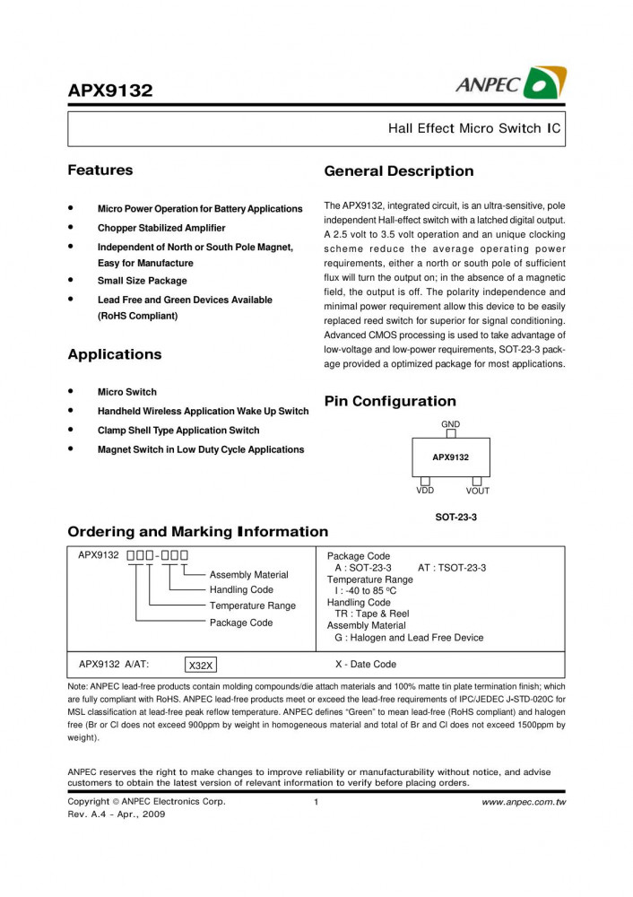 APX9132 datasheet page 1