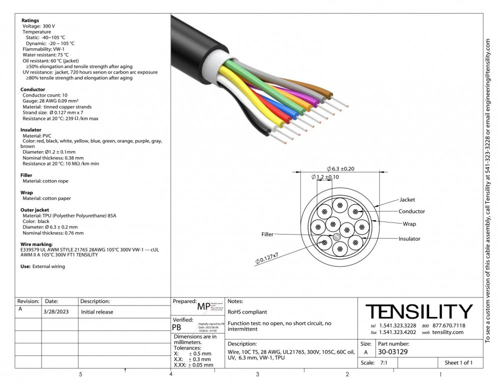 Tensility International 30-03129 cable specification drawing