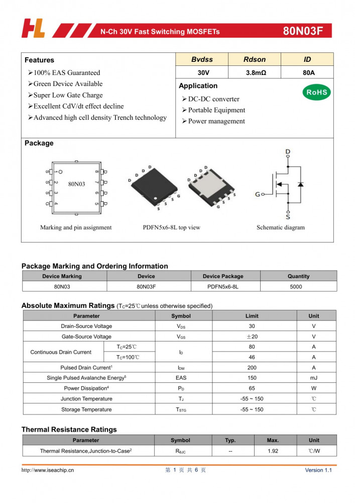 HL80N03F datasheet page 1