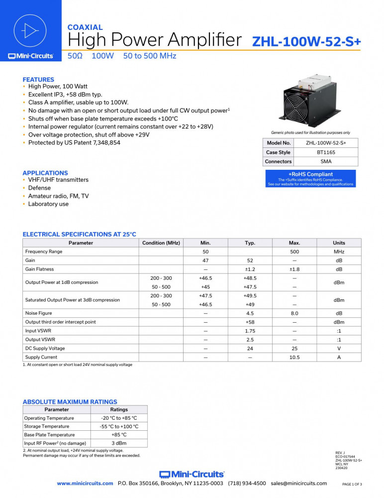 ZHL-100W-52-S+ datasheet image, page 1