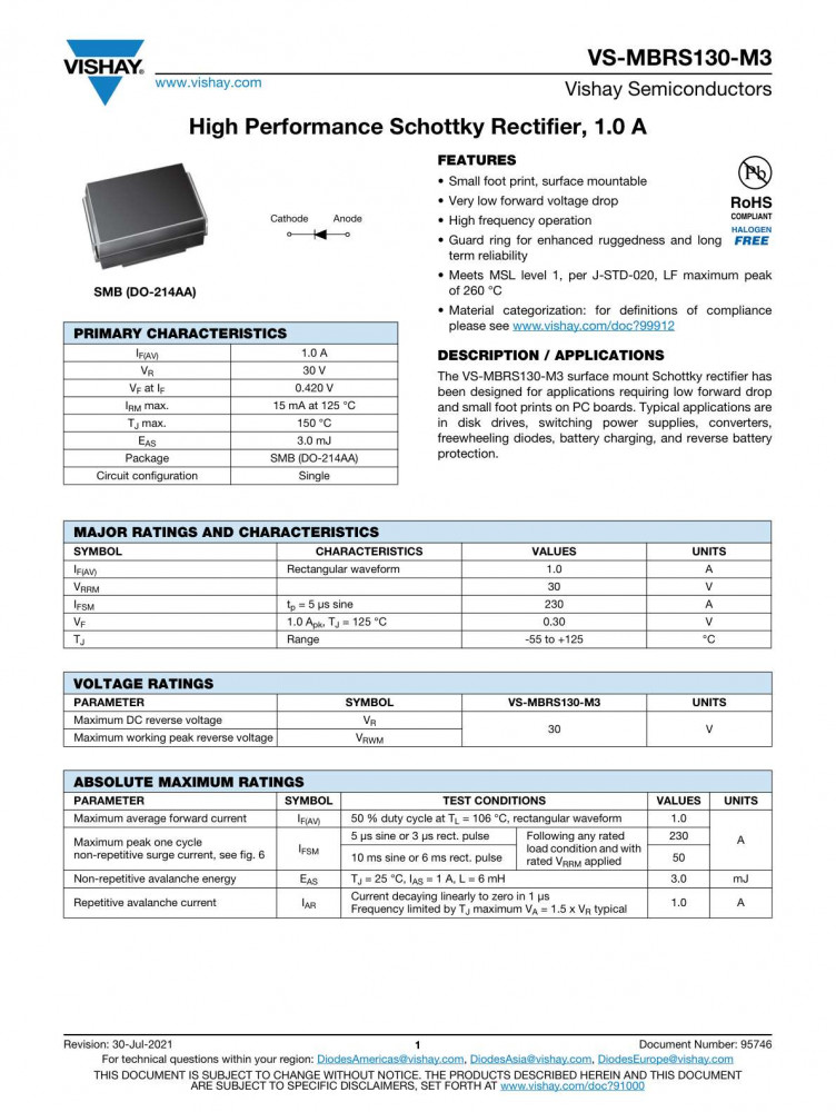 VS-MBRS130-M3/5BT datasheet page 1