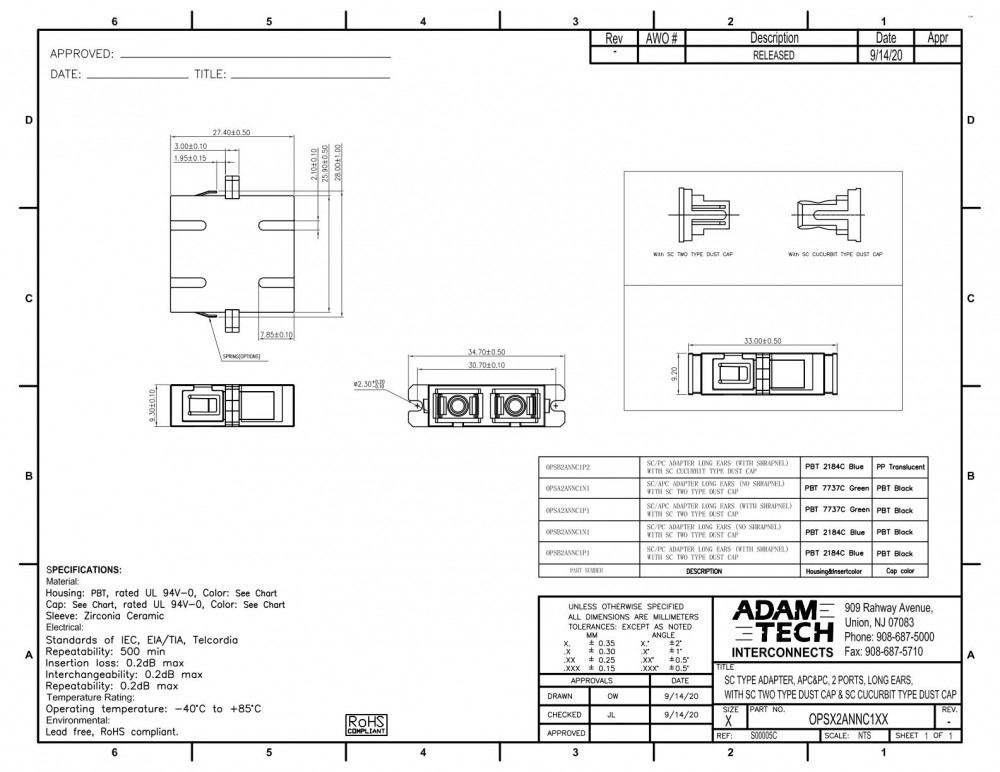 ADAM TECH SC-type adapter drawing preview for OPSX2ANNC1XX family