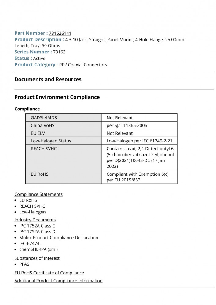MOLEX 731626141 document image, page 1