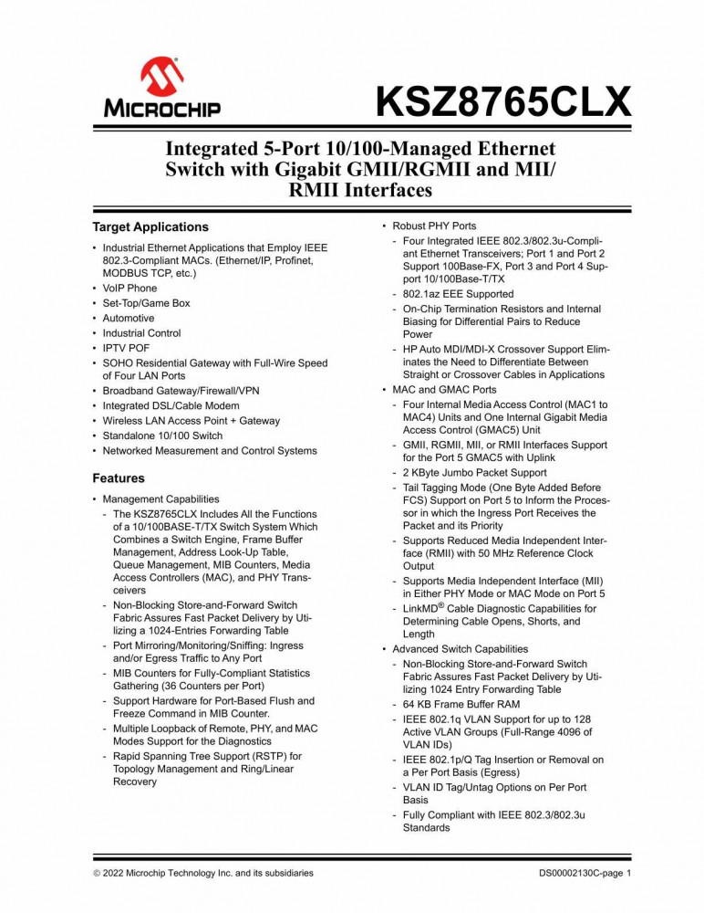 KSZ8765 datasheet page 1