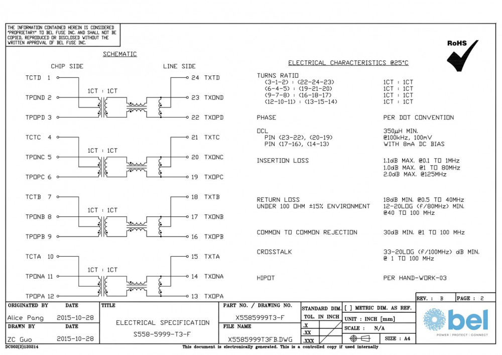 Bel Fuse S558-5999-T3-F electrical specification