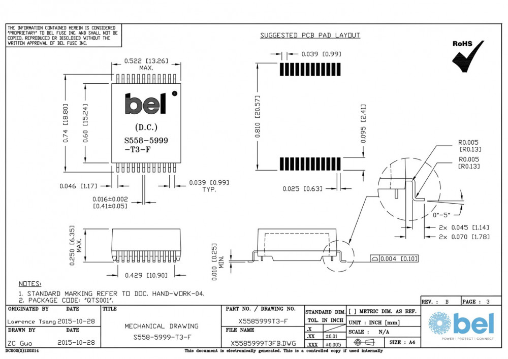 Bel Fuse S558-5999-T3-F mechanical drawing