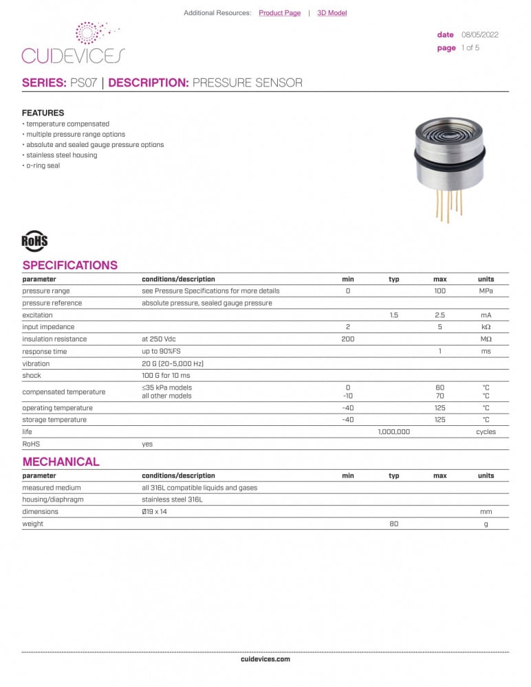 PS07 pressure sensor datasheet page 1