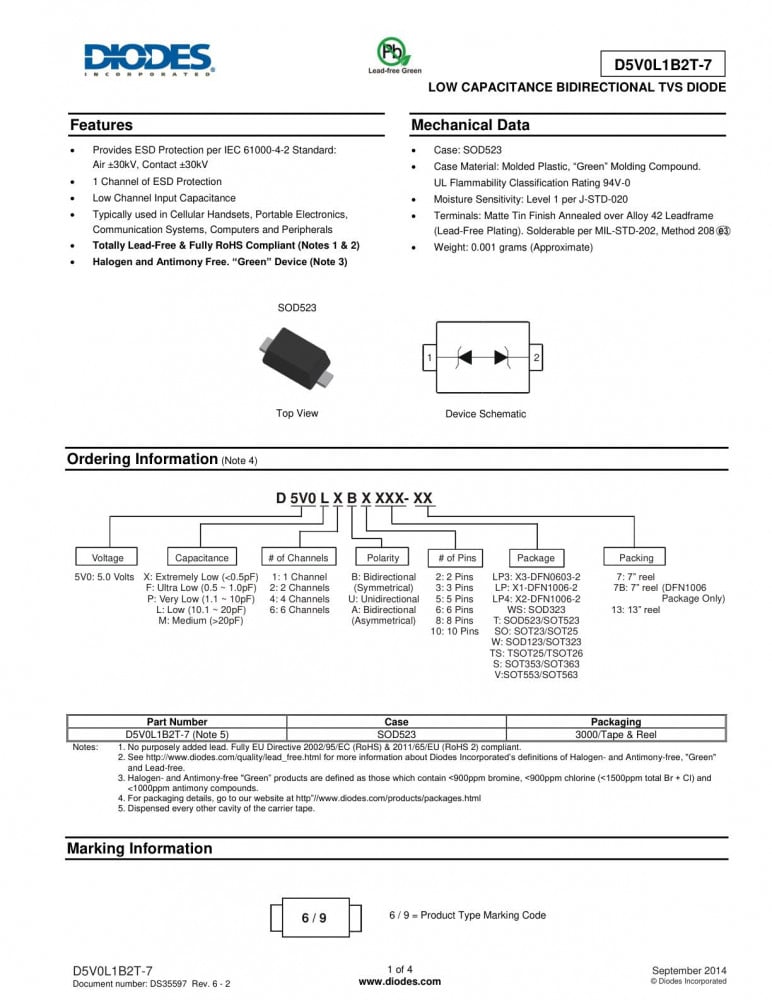 D5V0L1B2T-7 datasheet page 1