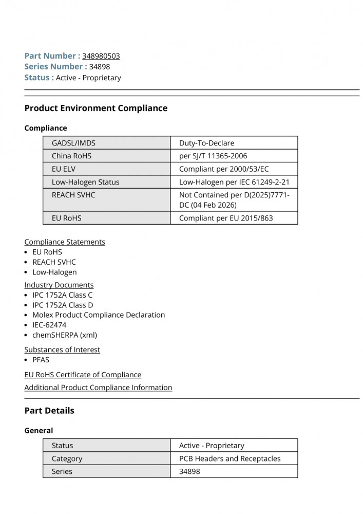 Product document image 1 for MOLEX 348980503