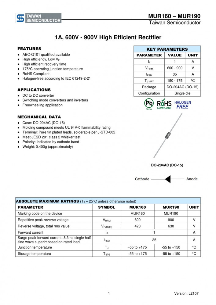 Taiwan Semiconductor MUR190 datasheet page 1