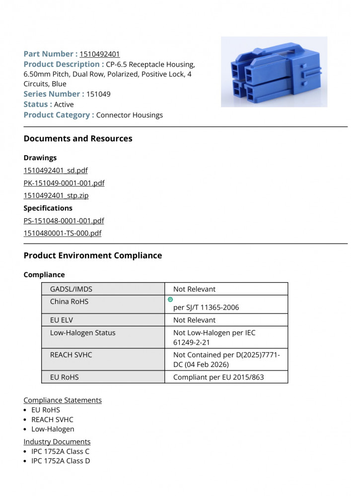 Molex CP 6.5 connector specification page 1