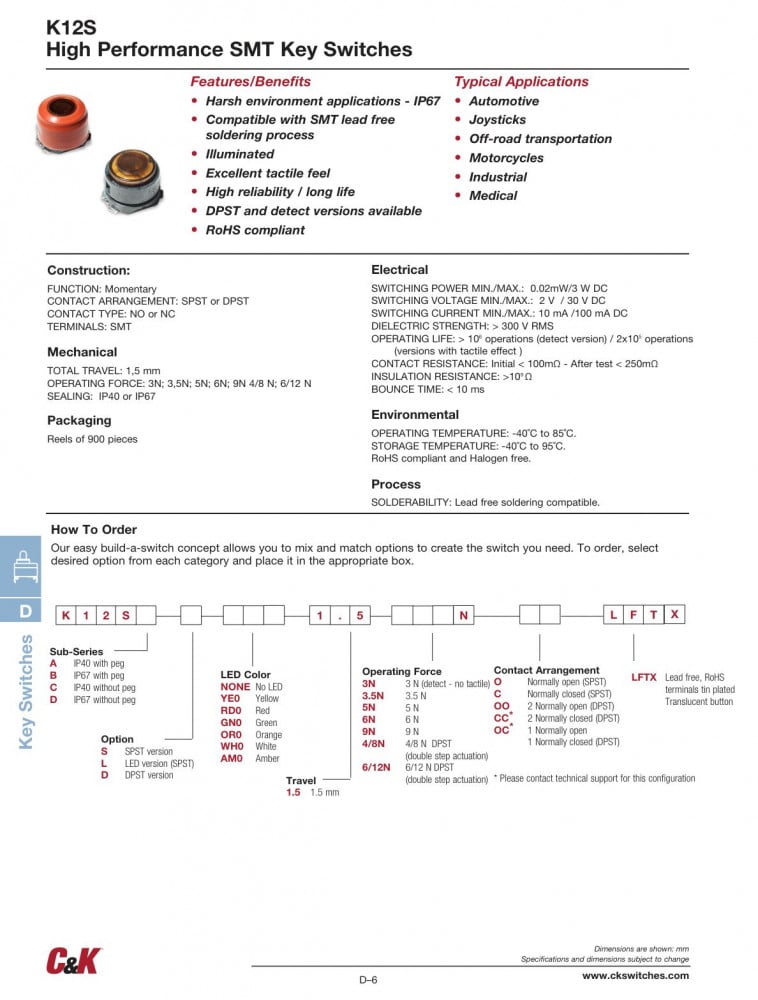 C&K K12S technical document page 1
