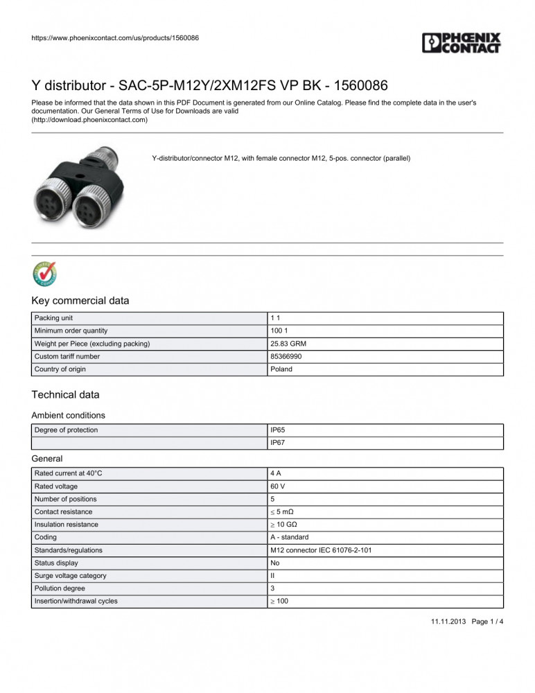 Phoenix Contact 1560086 product document page 1