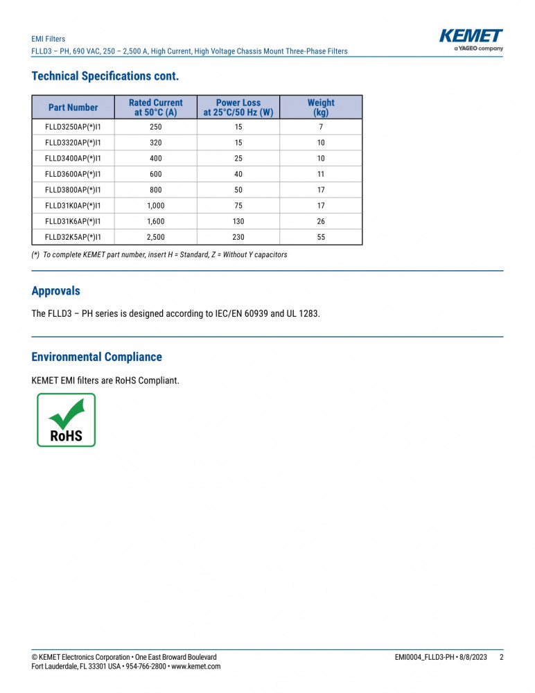 KEMET FLLD3-PH electrical specifications