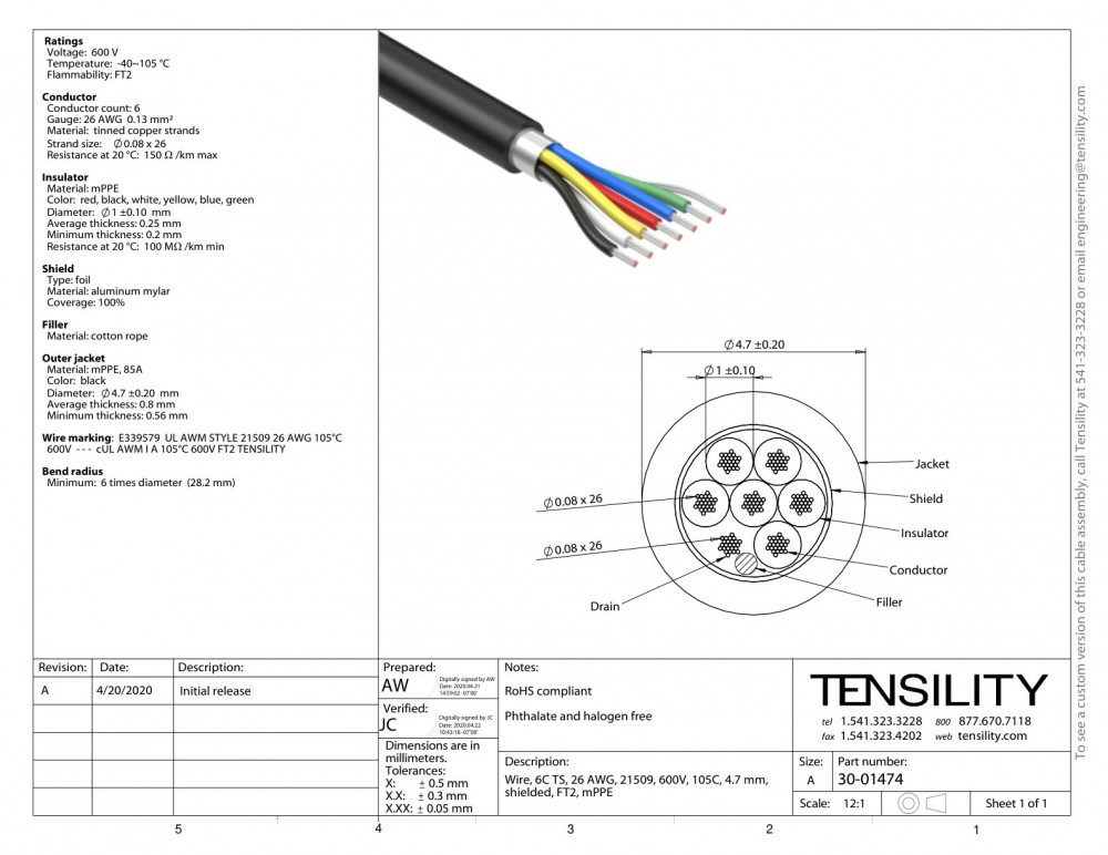 Tensility International 30-01474 cable product drawing