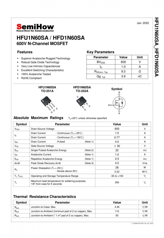 HFU1N60SA datasheet page 1