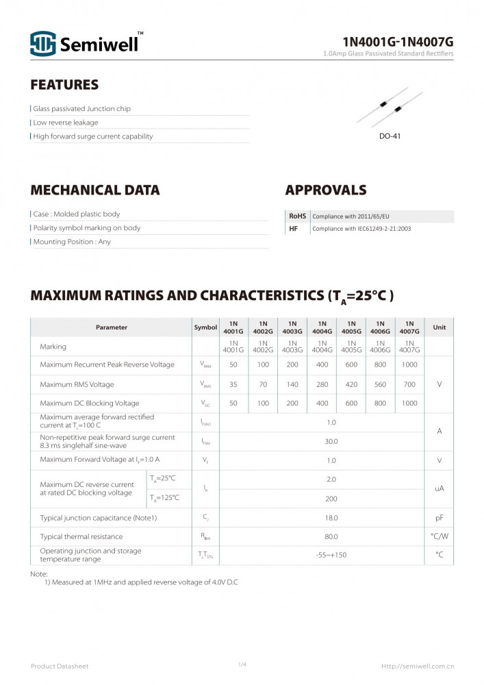Semiwell 1N4001G datasheet page 1