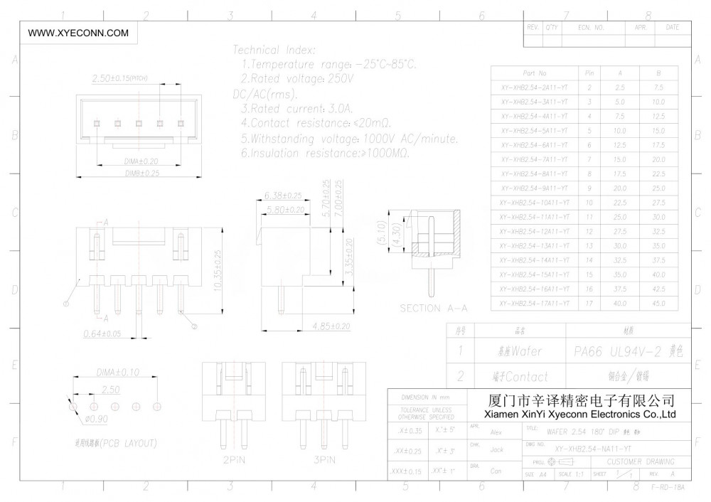 XY-XHB2.54-5A11-YT technical document preview