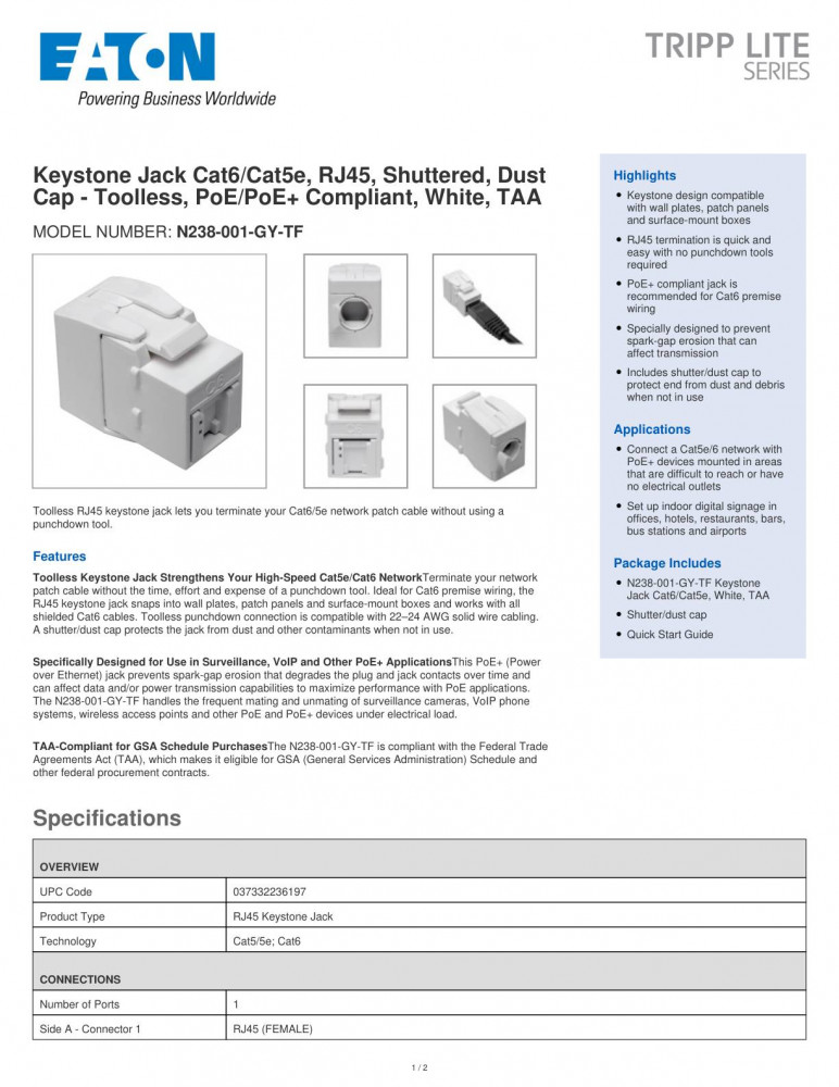 EATON N238-001-GY-TF technical document page 1