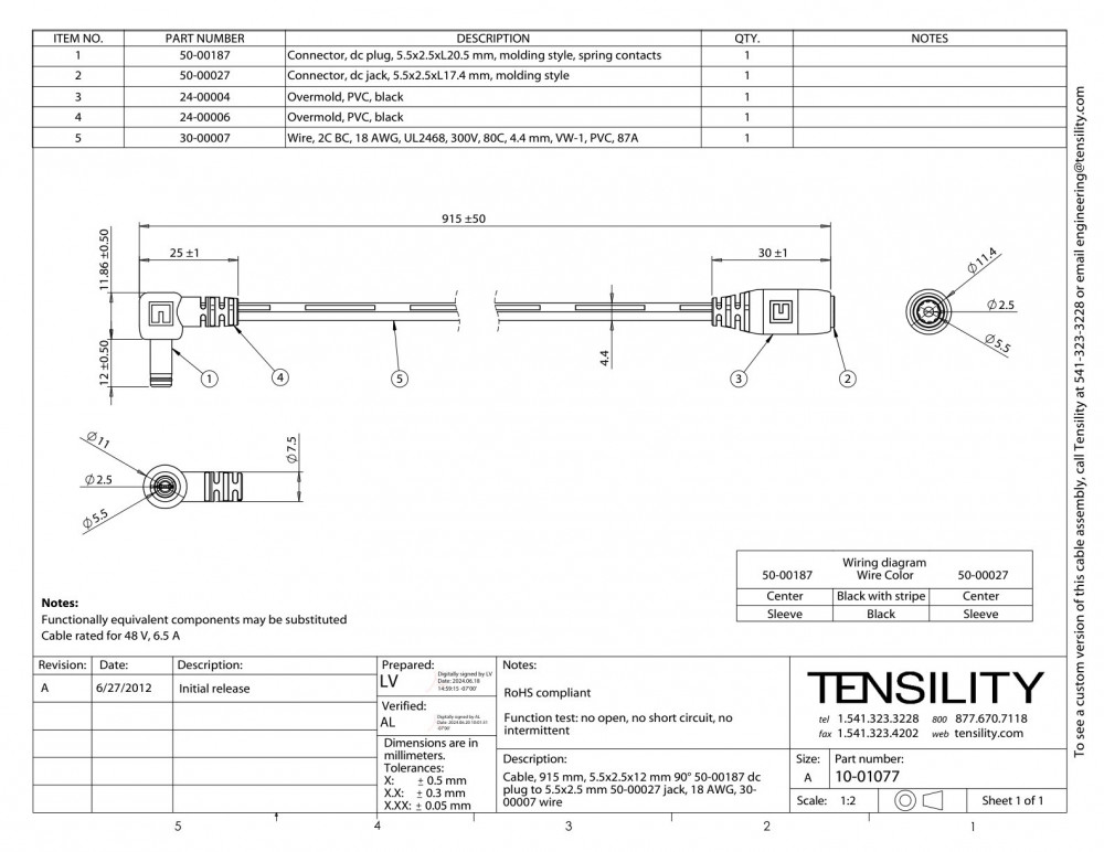 Tensility International 10-01077 cable assembly drawing
